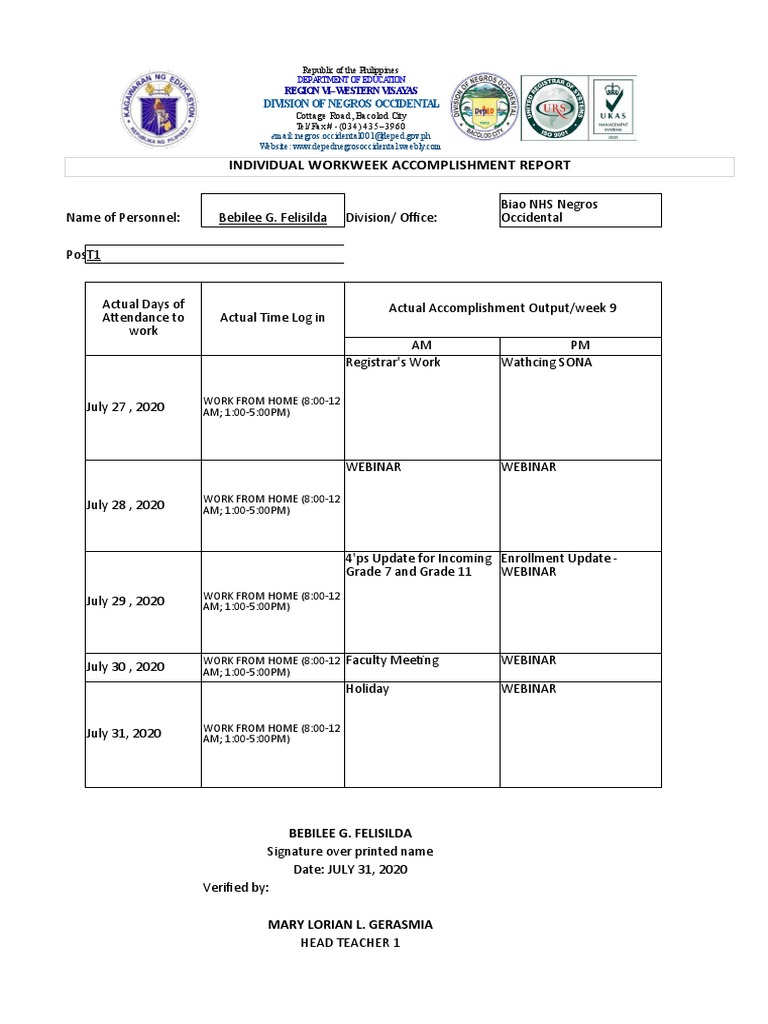 Weekly Accomplishment Report: Bebilee Felisilda | PDF