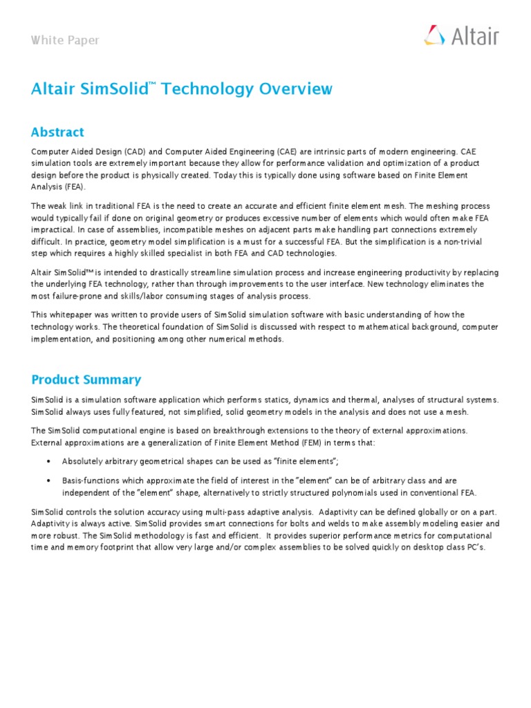 Altair SimSolid Whitepaper - Technology Overview - 2 - 14 - 2019 PDF | PDF | Finite Element ...