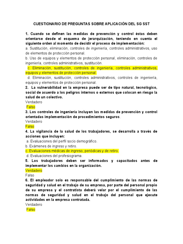 Cuestionario de Preguntas Sobre Aplicación Del SG SST - CC 1114816804 ...