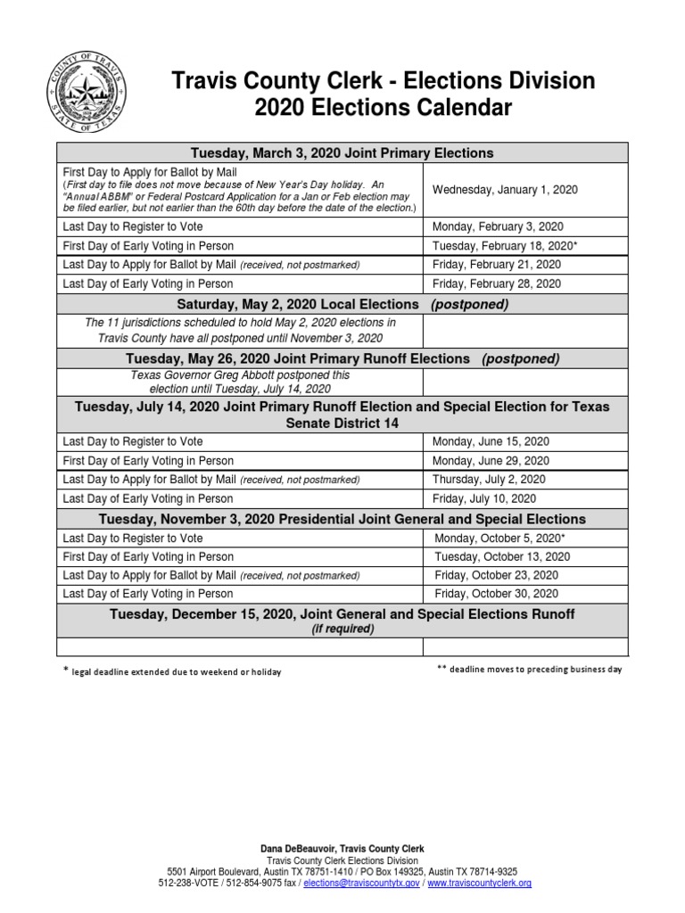 Travis County 2020 Elections Calendar | PDF | Early Voting | Accountability