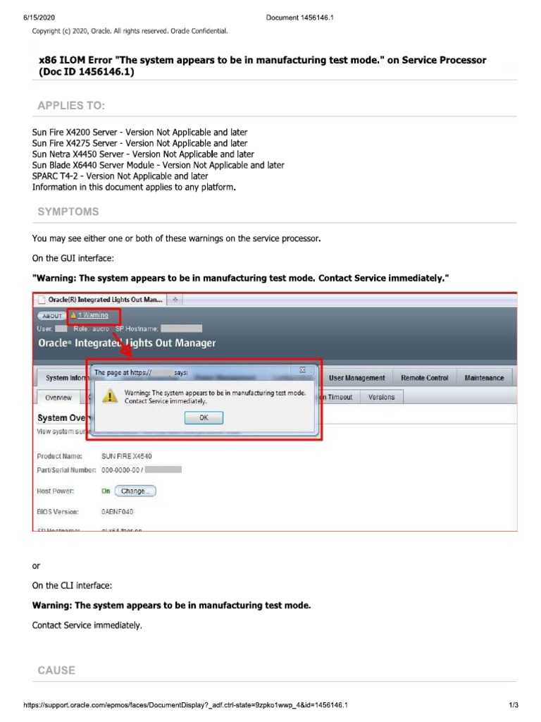 x86 ILOM Error The System Appears To Be in Manufacturing Test Mode. On ...