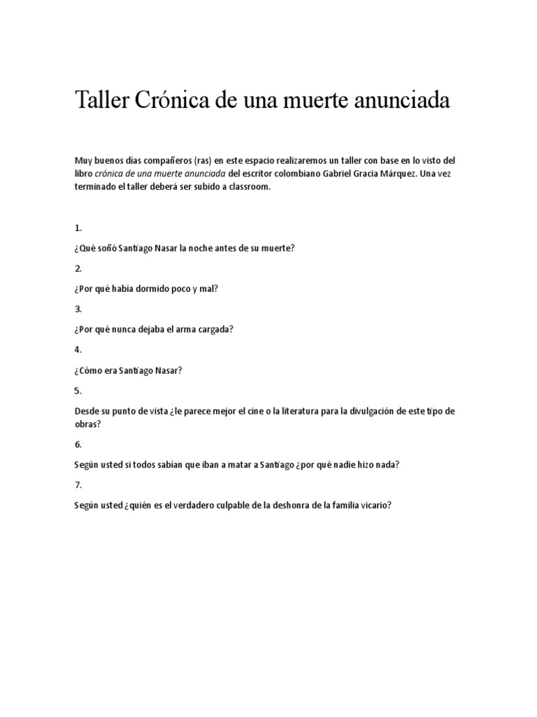 Taller sobre "Crónica de una muerte anunciada" | PDF