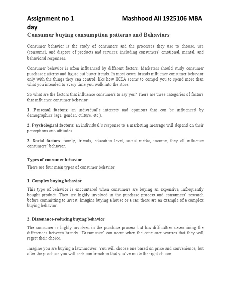 Assignment No 1 Pdf Consumer Behaviour Behavior 0837