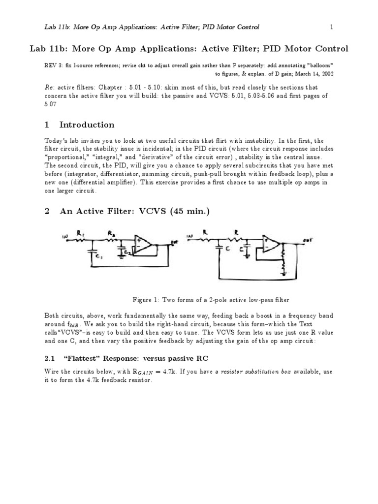 Lab 11b: More Op Amp Applications: Active Filter PID Motor Control | PDF | Operational Amplifier ...