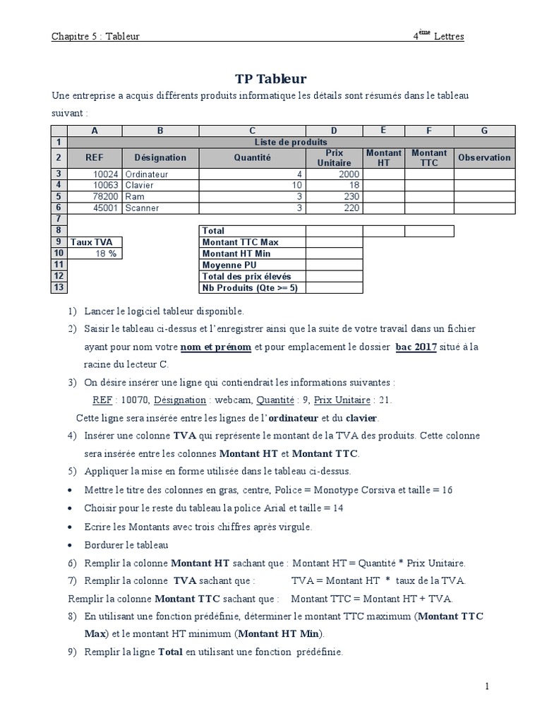 TP Tableur PDF | Download Free PDF | Taxe sur la valeur ajoutée | Technologie numérique