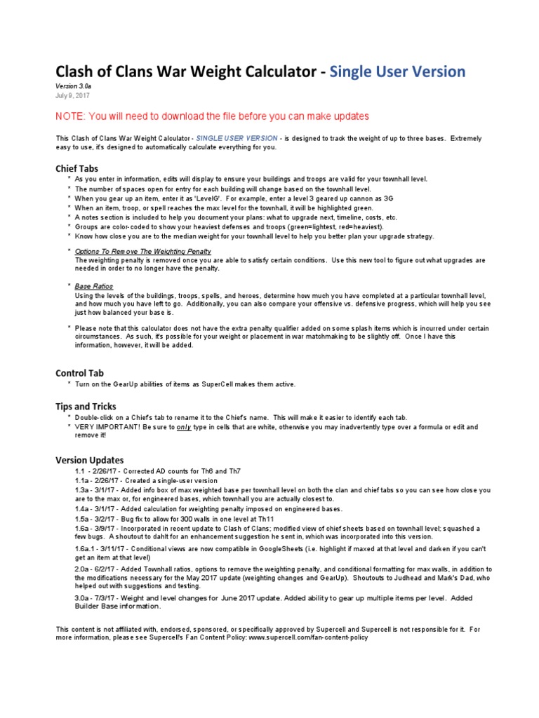 Clash of Clans War Weight Calculator - : Single User Version | PDF ...