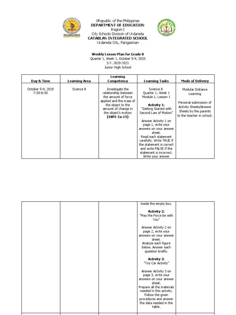 week-1-Weekly-Lesson-Plan-Mark Jay | PDF | Lesson Plan | Physical Education