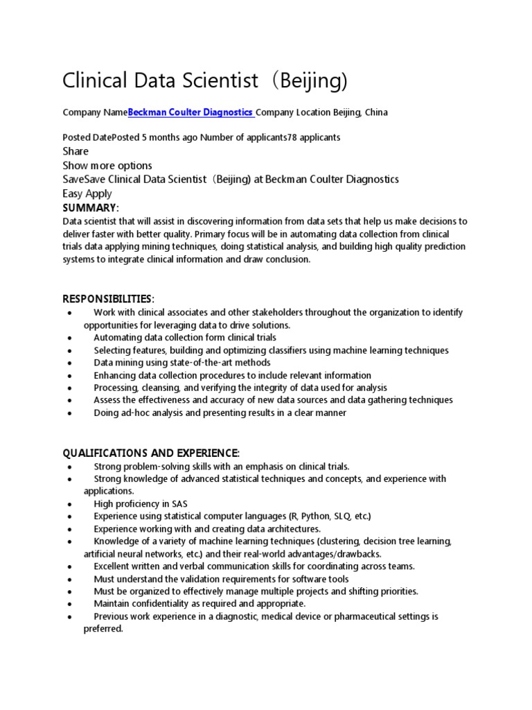 Clinical Data Scientist | PDF | Big Data | Streaming Media