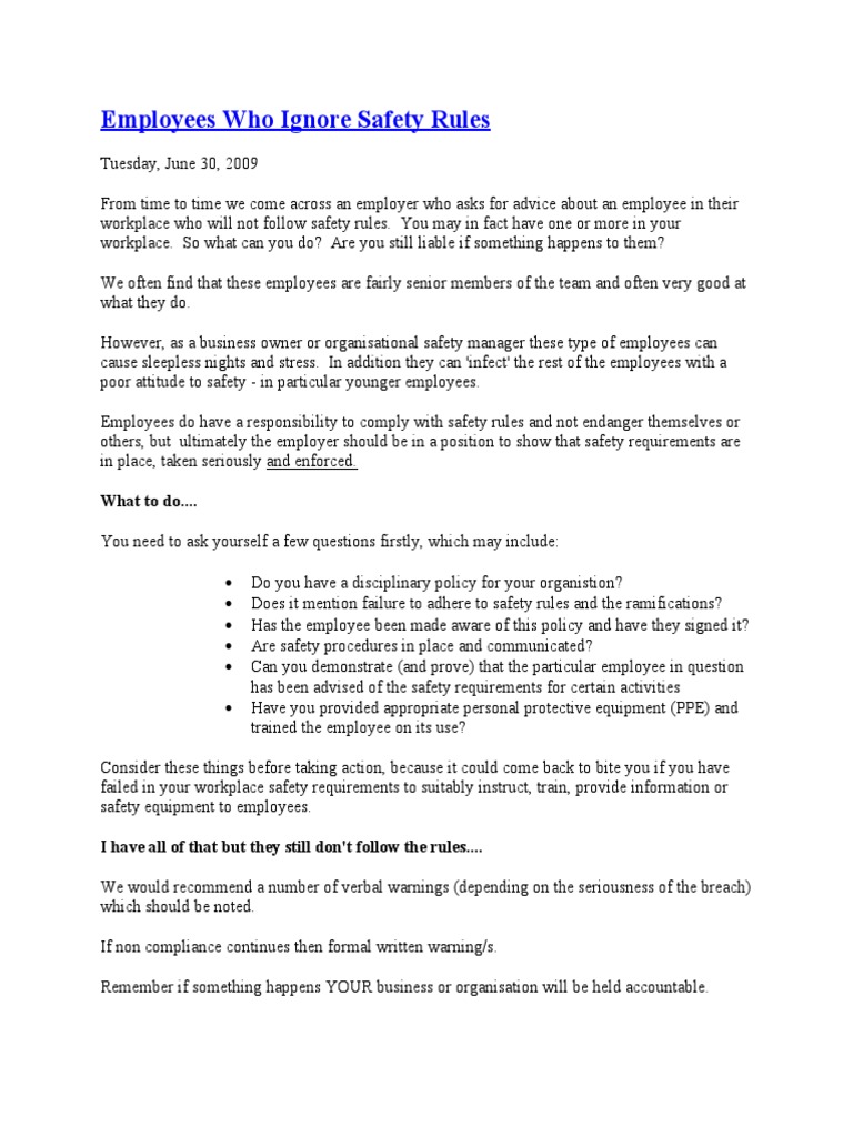 Employees Who Ignore Safety Rules | PDF | Occupational Safety And ...