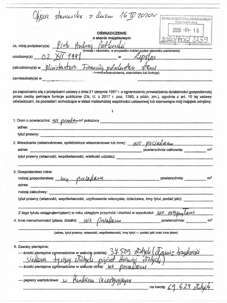 Oswiadczenie Majatkowe Piotr Patkowski PDF | PDF