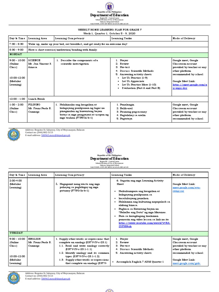 Grade 7 WHLP Q1W1 | PDF | Physical Education | Learning