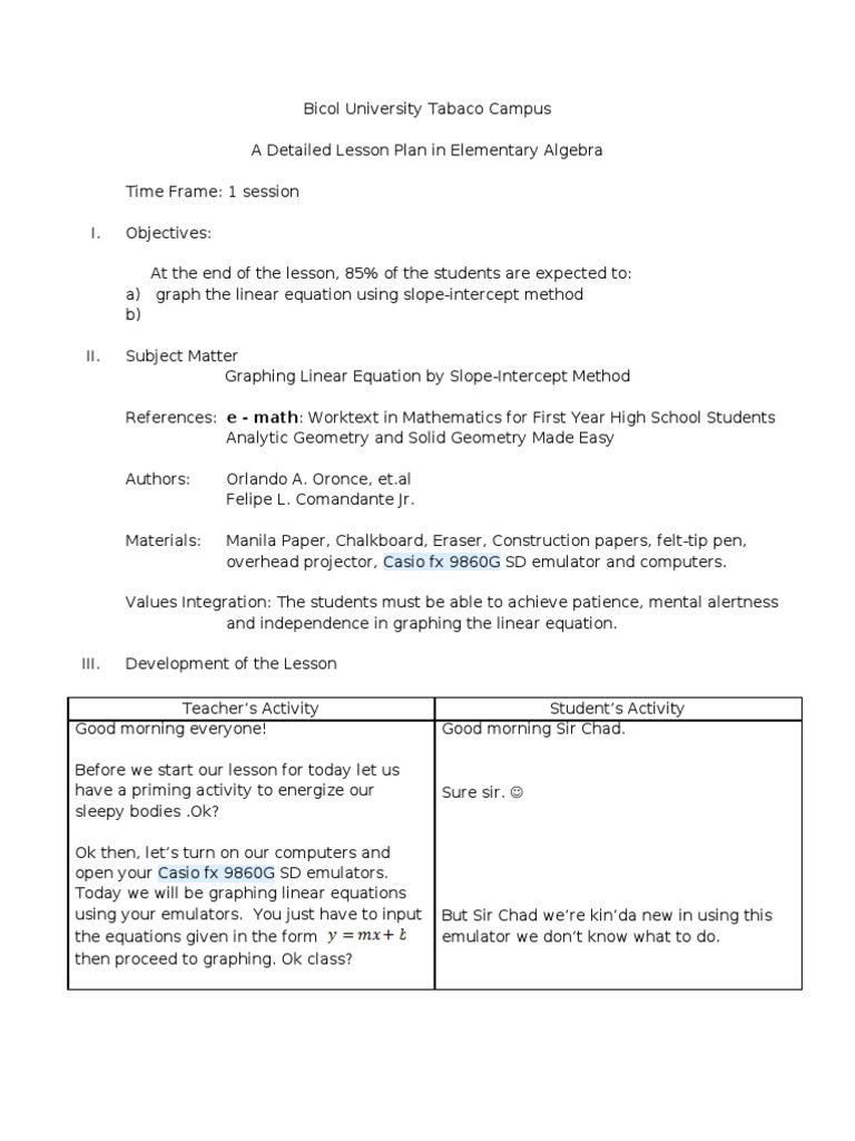 lesson plan in graphing linear equations by slope-intercept form ...