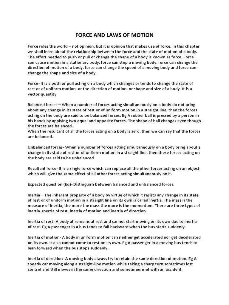 FORCE AND LAWS OF MOTION Notes | PDF | Momentum | Inertia