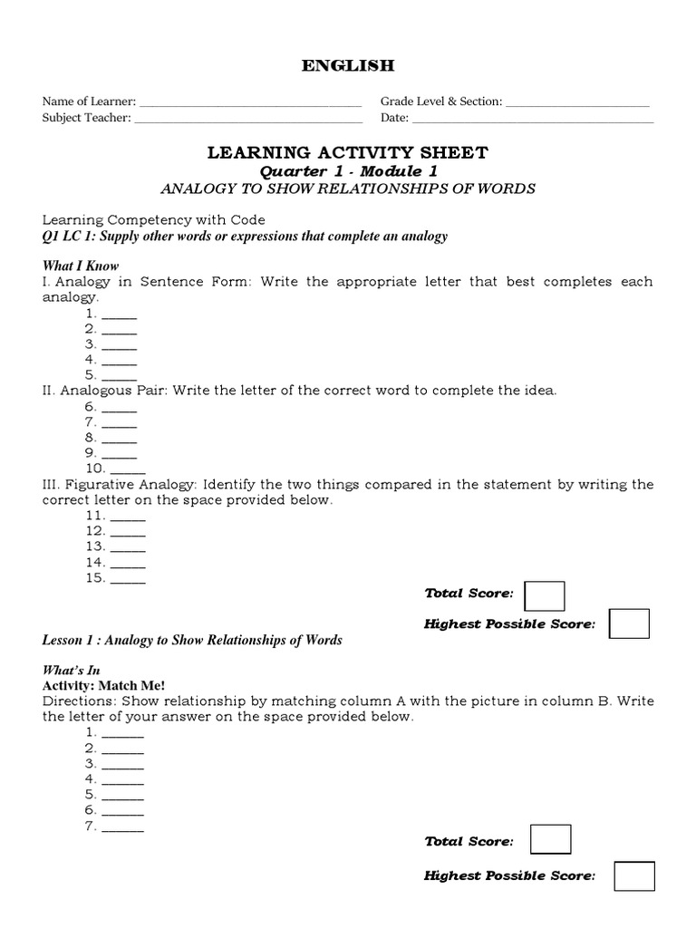 GRADE 7 ENGLISH ACTIVITY SHEETQuarter 1 Module 1 | PDF | Analogy | Word