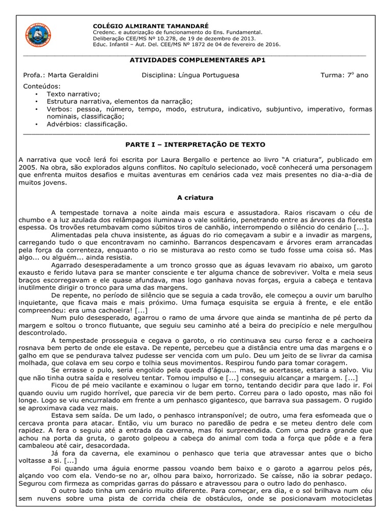 ATIVIDADES COMPLEMENTARES AP1 A 7 ANO A Criatura | PDF | Motocicleta | Idiomas