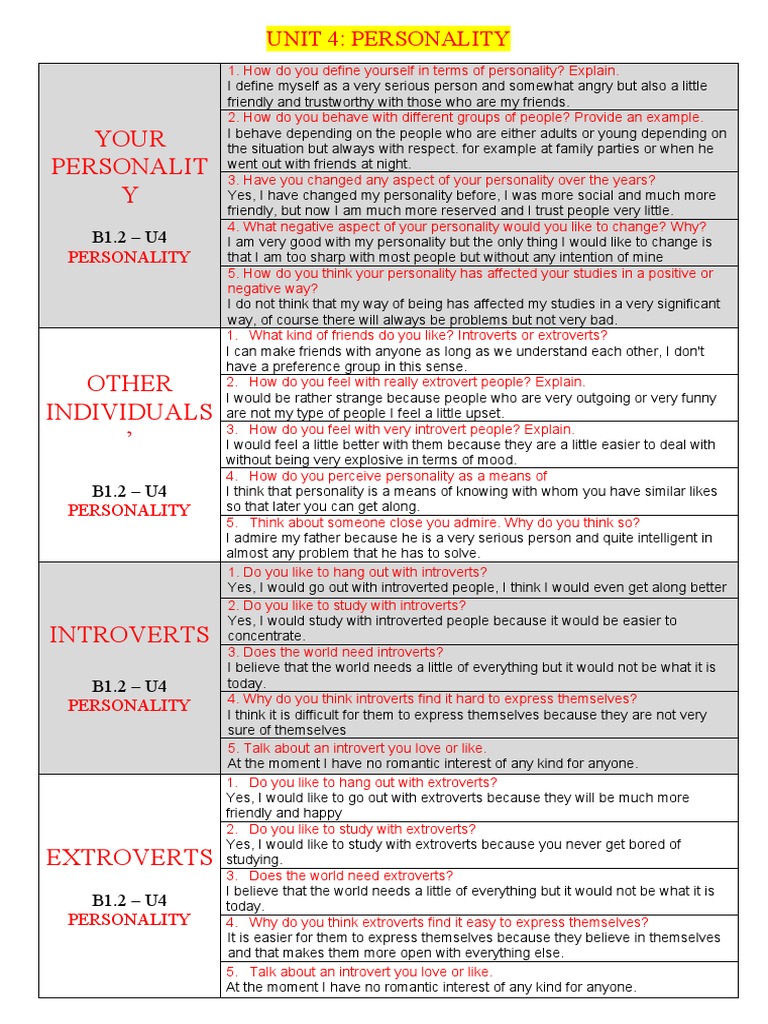 Your Personalit Y: Unit 4: Personality | PDF | Extraversion And Introversion | Psychological ...
