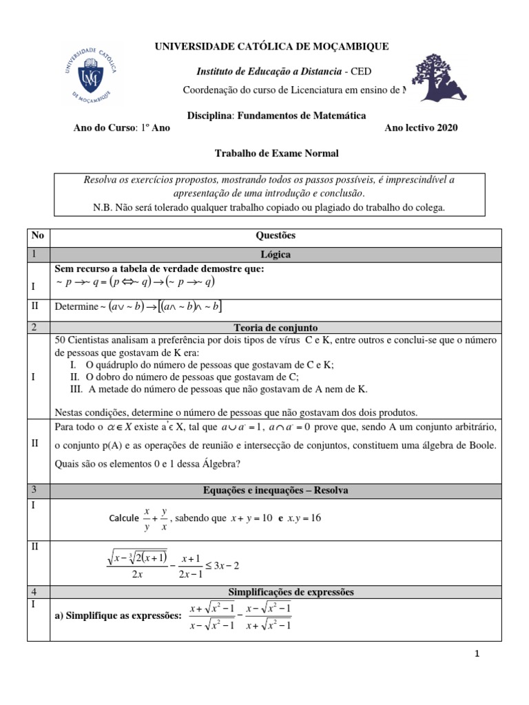 Exame Normal de Fundamentos de Matematica | PDF | Conjunto (Matemática ...