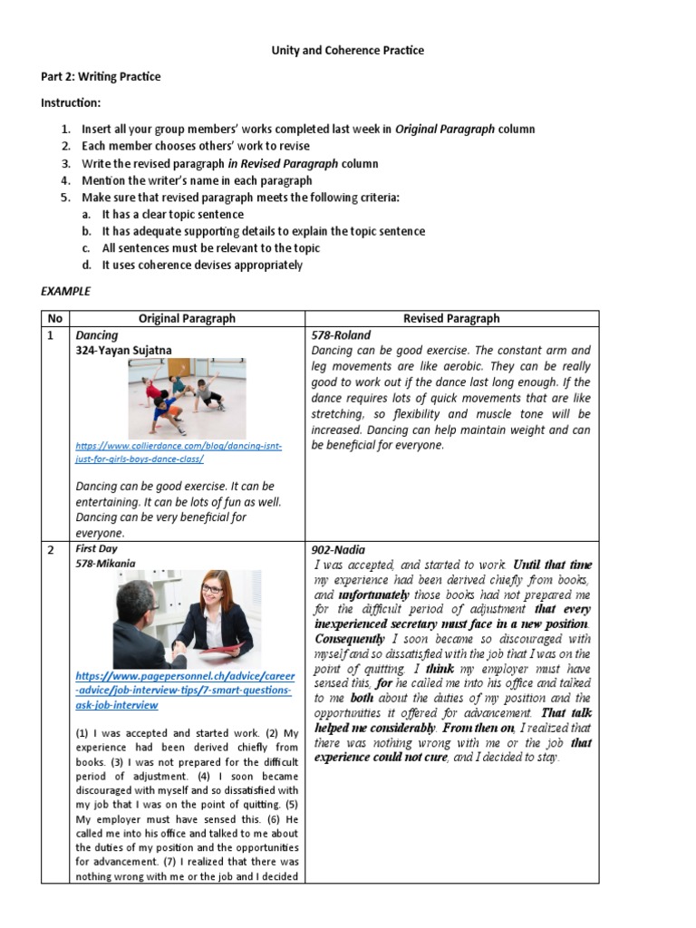 Unity and Coherence - Writing Task (Group 7) | PDF