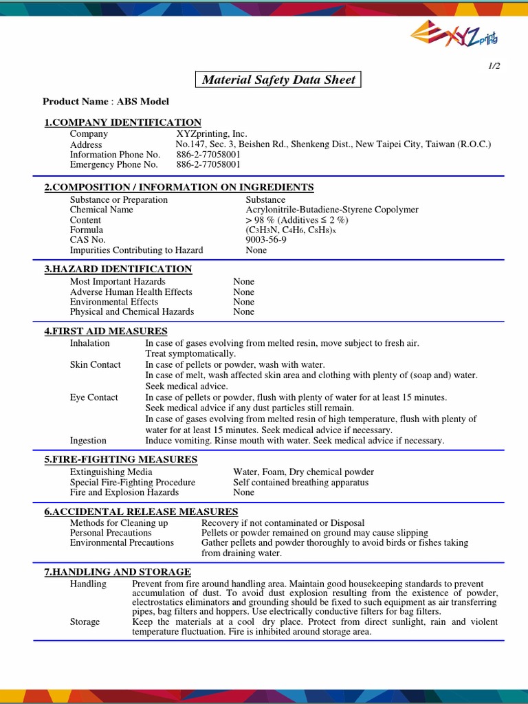 ABS Material Safety Data Sheet | PDF | Water | Chemistry