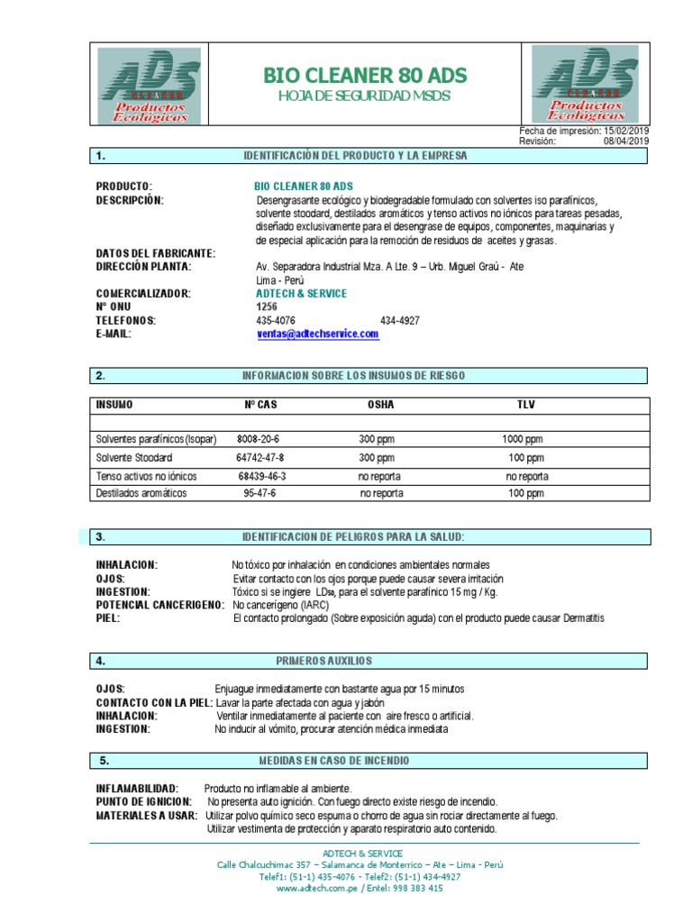 BIO CLEANER 80 ADS - MSDS Malvex PDF | PDF | Solvente | Agua