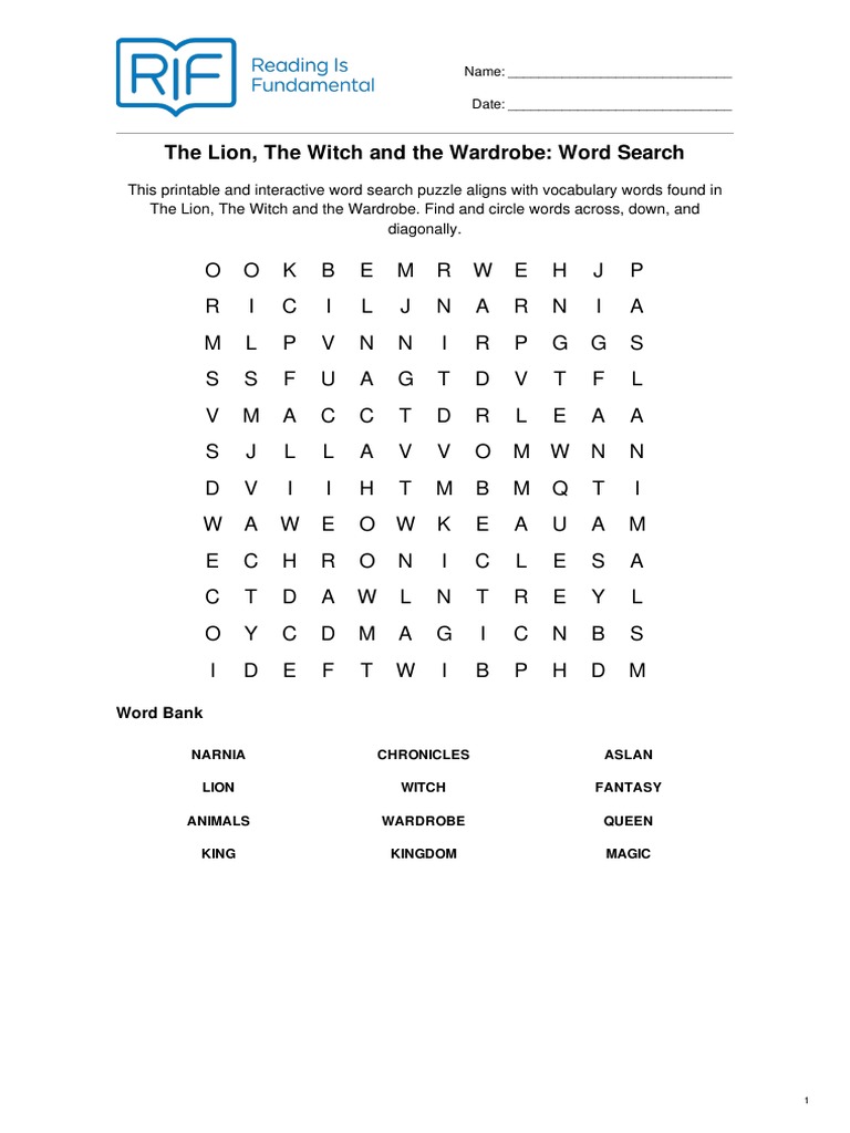 The Lion, The Witch and The Wardrobe - Word Search - 2017-10-02