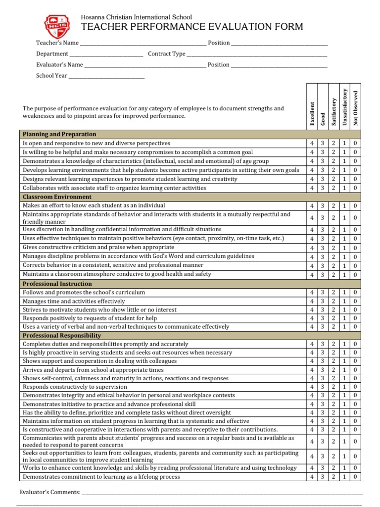 HCIS Teacher Evaluation Form