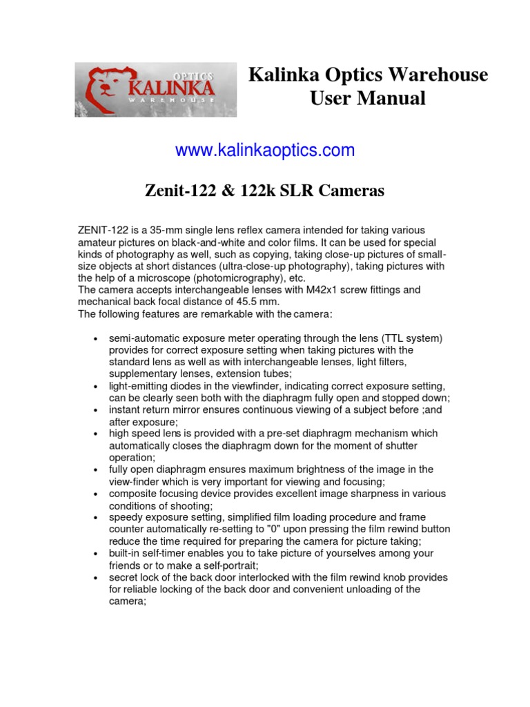 Kalinka Optics Warehouse User Manual: Zenit-122 & 122k SLR Cameras ...