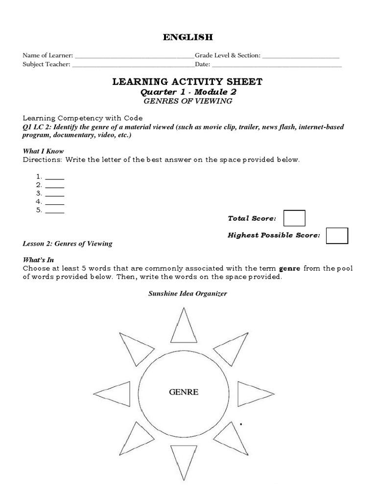 GRADE 7 ENGLISH ACTIVITY SHEETQuarter 1 Module2 PDF | PDF | Genre | Word