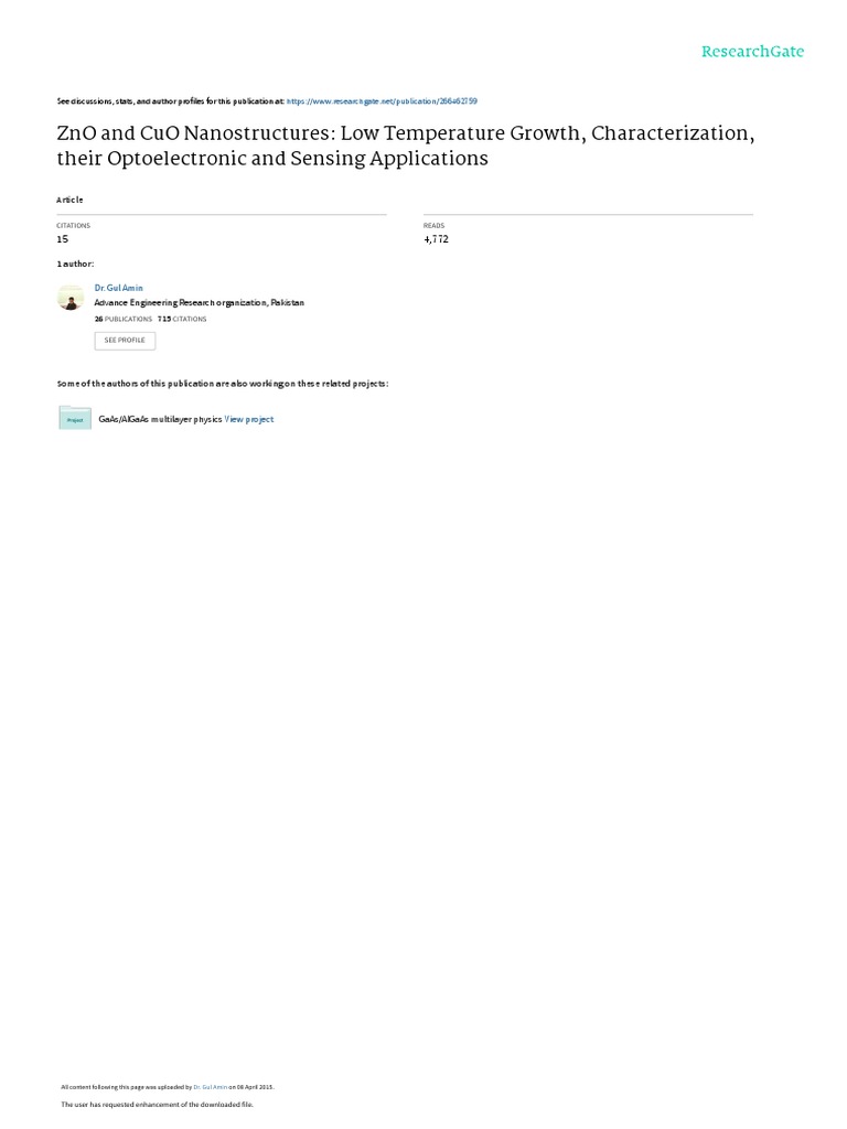 ZnO and CuO Nanostructures Low Temperature Growth PDF | PDF | Zinc ...