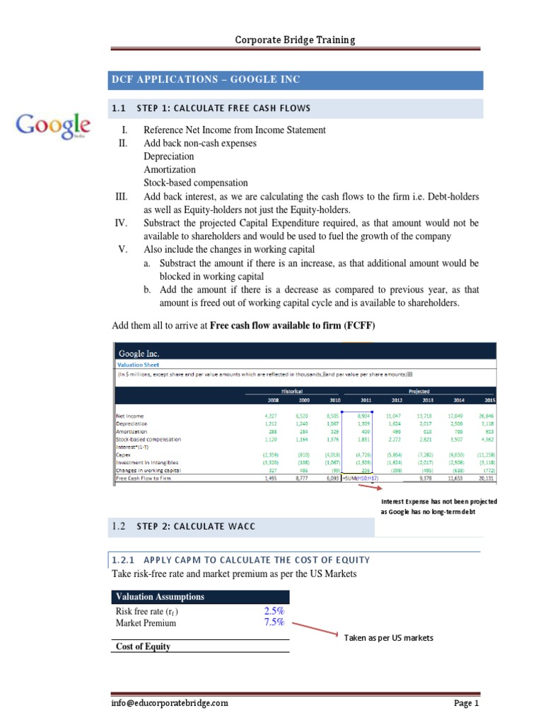 DCF Application - Google Inc | PDF | Cost Of Capital | Free Cash Flow