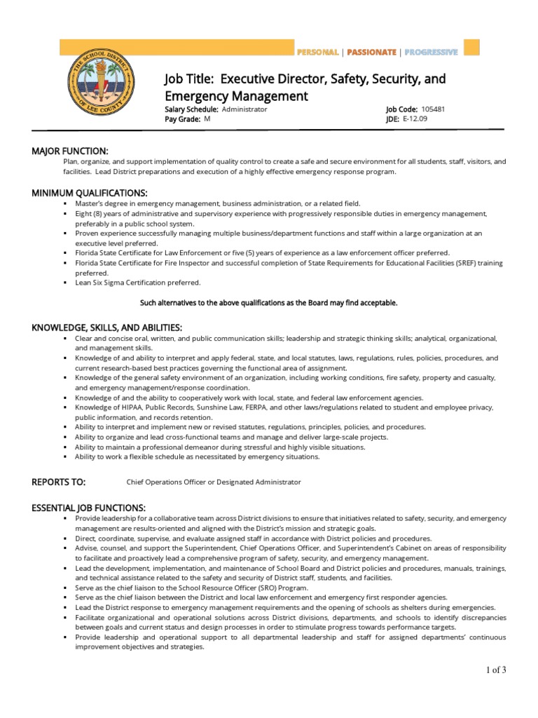 Executive Director Safety Security and Emergency Management (E-12.09 ...