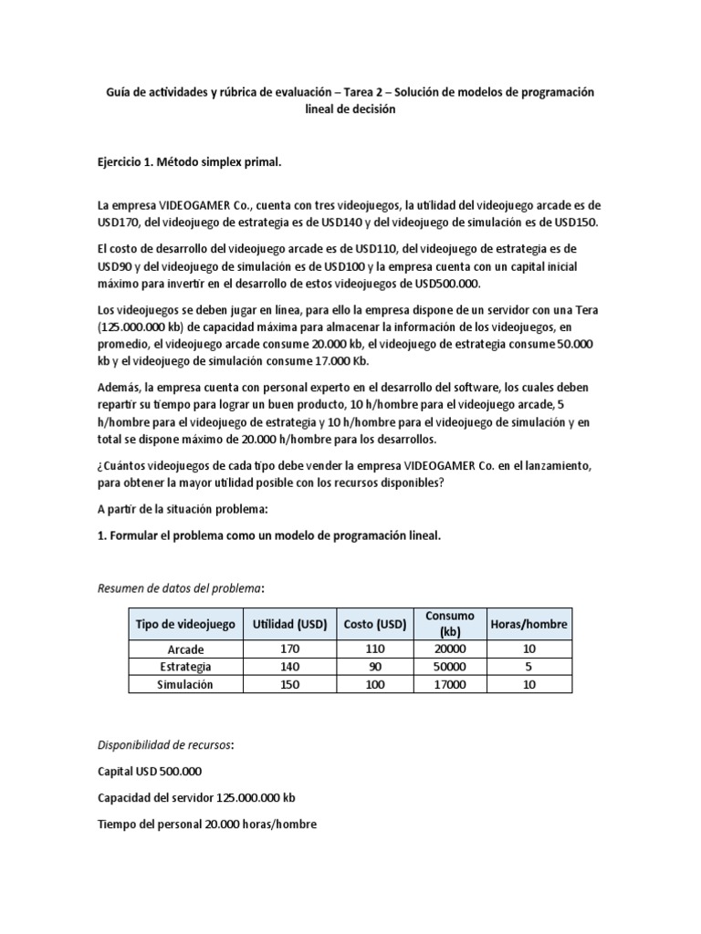 Ejercicio 1 Método Simplex Primal | PDF | Videojuegos | Programación lineal