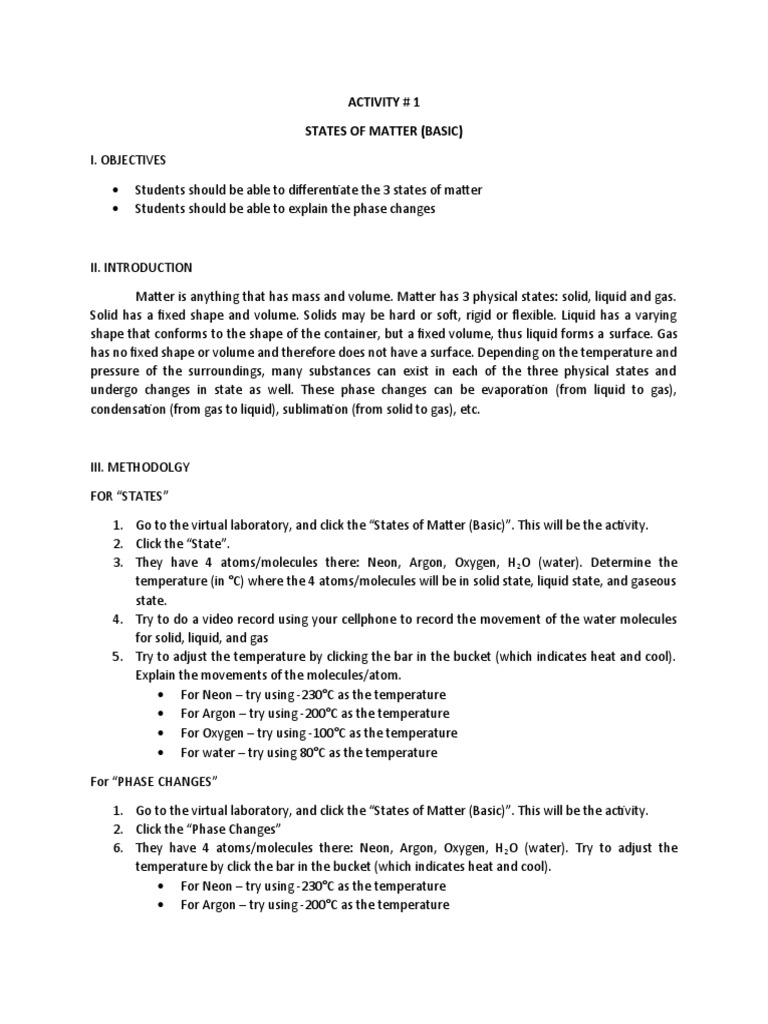 Activity # 1 States of Matter (Basic) | PDF | Liquids | Phase (Matter)