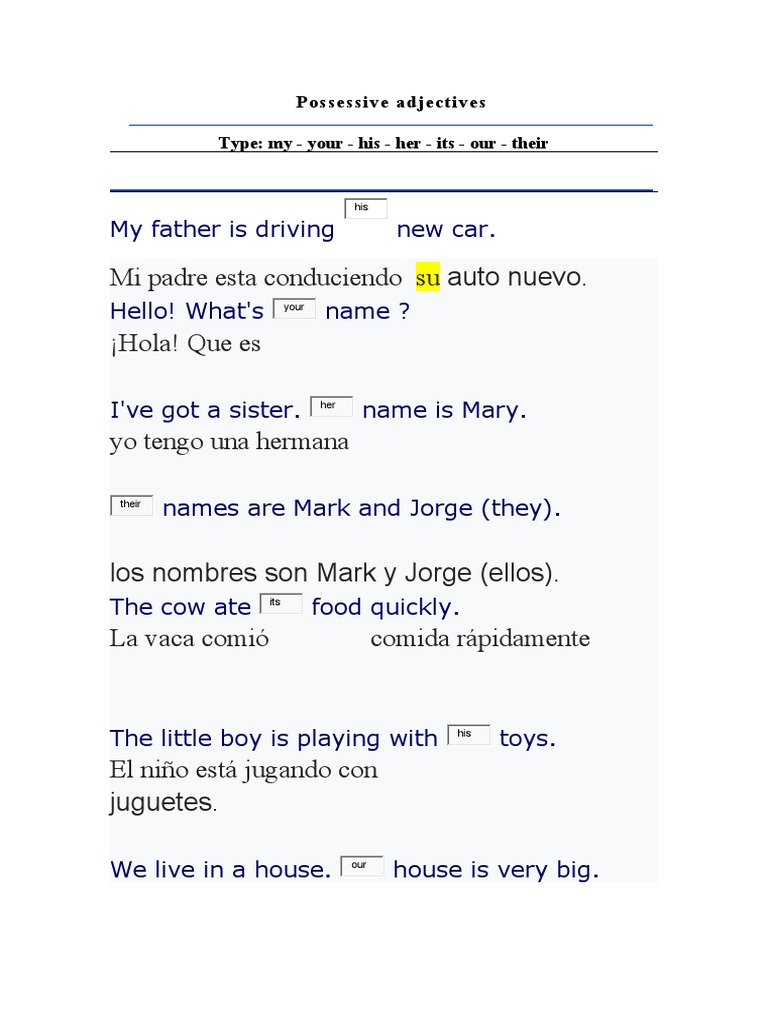 Possessive Adjectives EJERXIXE PRAC | PDF