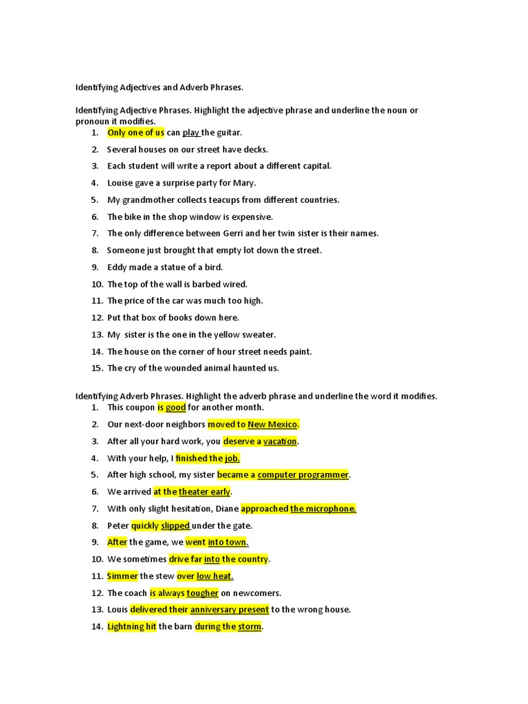 Adjective And Adverb Phrases Worksheets Grade 6 Sentence Analysis With