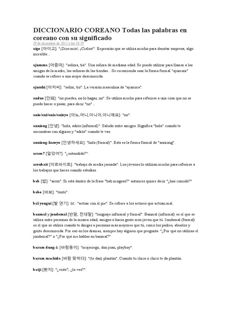 DICCIONARIO COREANO Todas Las Palabras en Coreano Con Su Significado | PDF