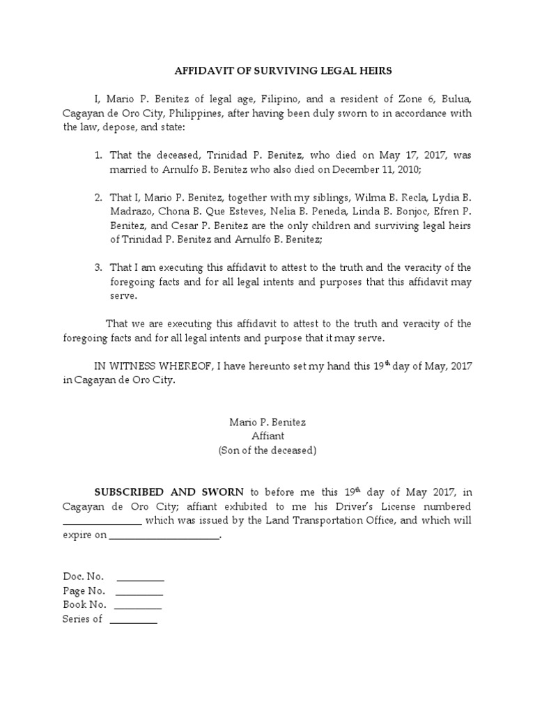Affidavit of Surviving Legal Heirs | PDF