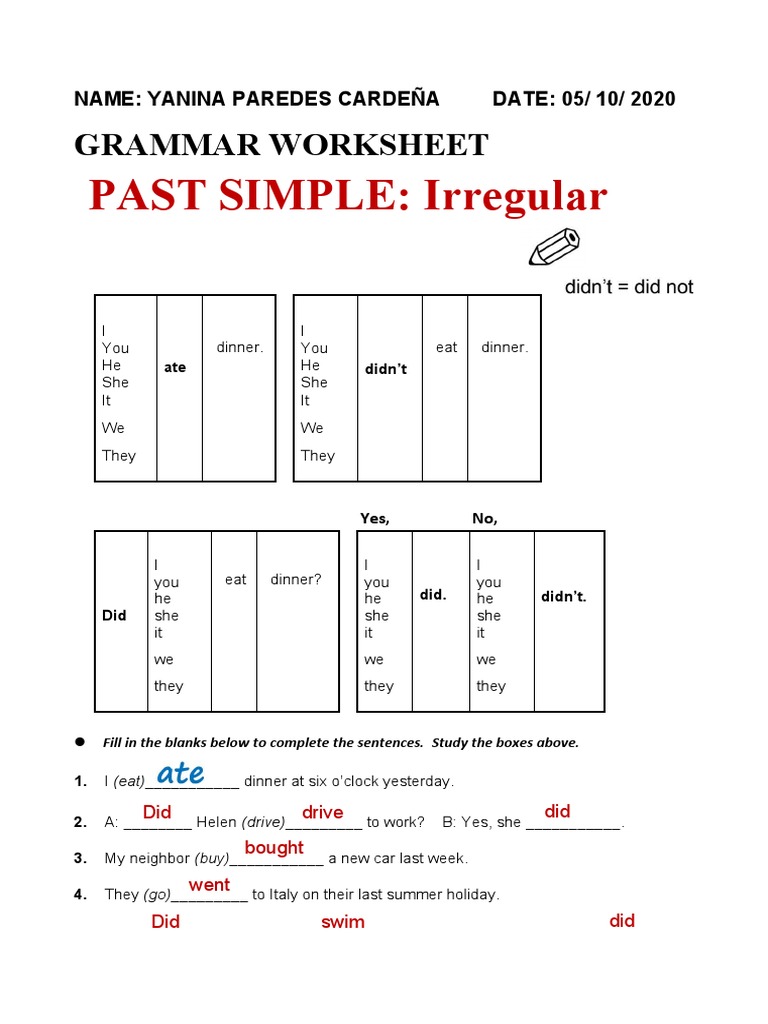 PAST SIMPLE: Irregular: Grammar Worksheet | PDF | Morphology | Language ...