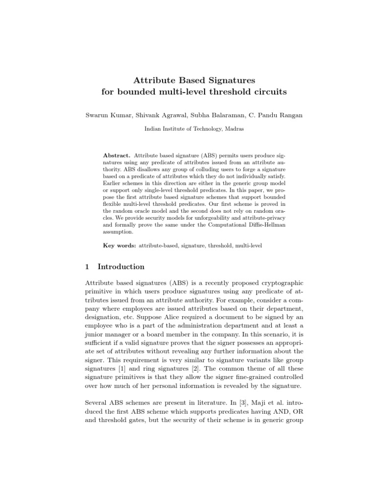 Attribute Based Signatures For Bounded Multi-Level Threshold Circuits | PDF | Key (Cryptography ...