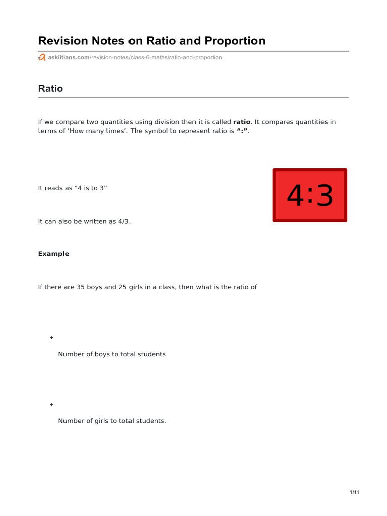 Ratio And Proportion Revision Notes Pdf Fraction Mathematics Ratio