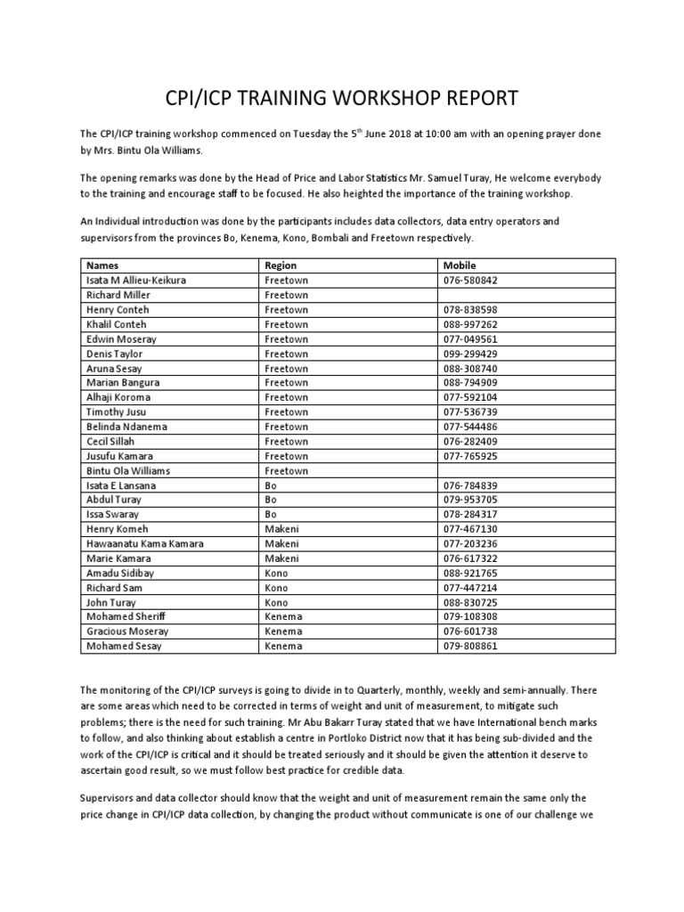 Cpi/Icp Training Workshop Report: Names Region Mobile | Download Free ...