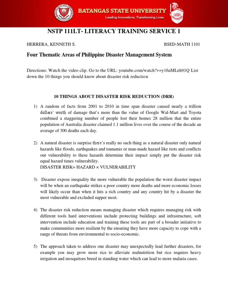 NSTP 111LT Four Thematic Areas of Philippine Disaster Management System ...