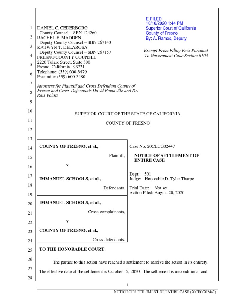 Notice of Settlement: Case 20CECG02447 | PDF | Settlement (Litigation ...