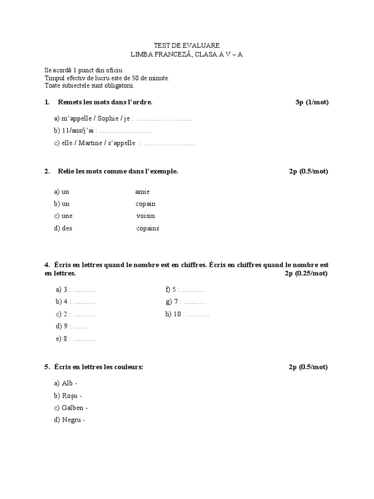 Test de français pour la classe V | PDF