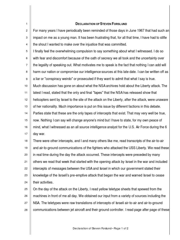 Air Force Intelligence Analyst Steve Forslund Statement Re USS Liberty ...