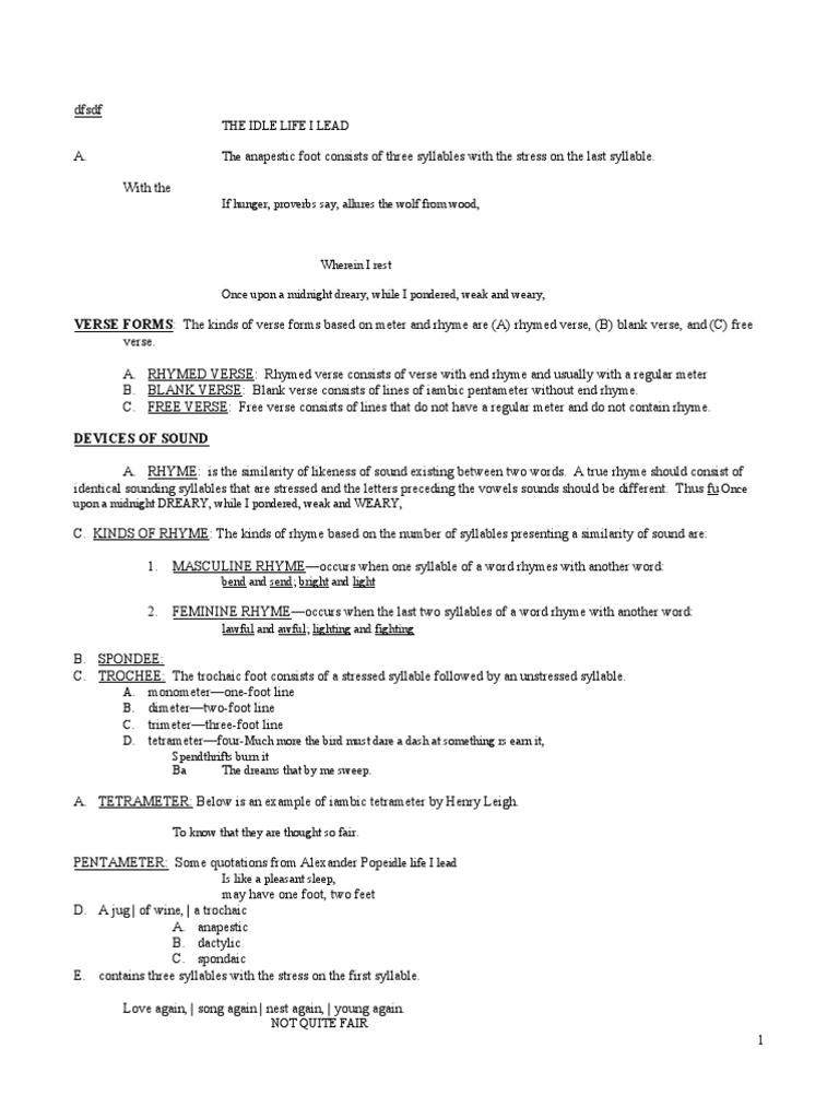 VERSE FORMS: The Kinds of Verse Forms Based On Meter and Rhyme Are (A ...