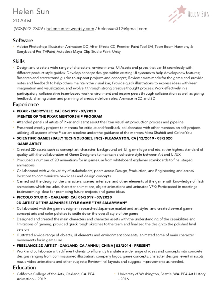 Helen Hao S Resume | PDF | Mentorship | Pixar