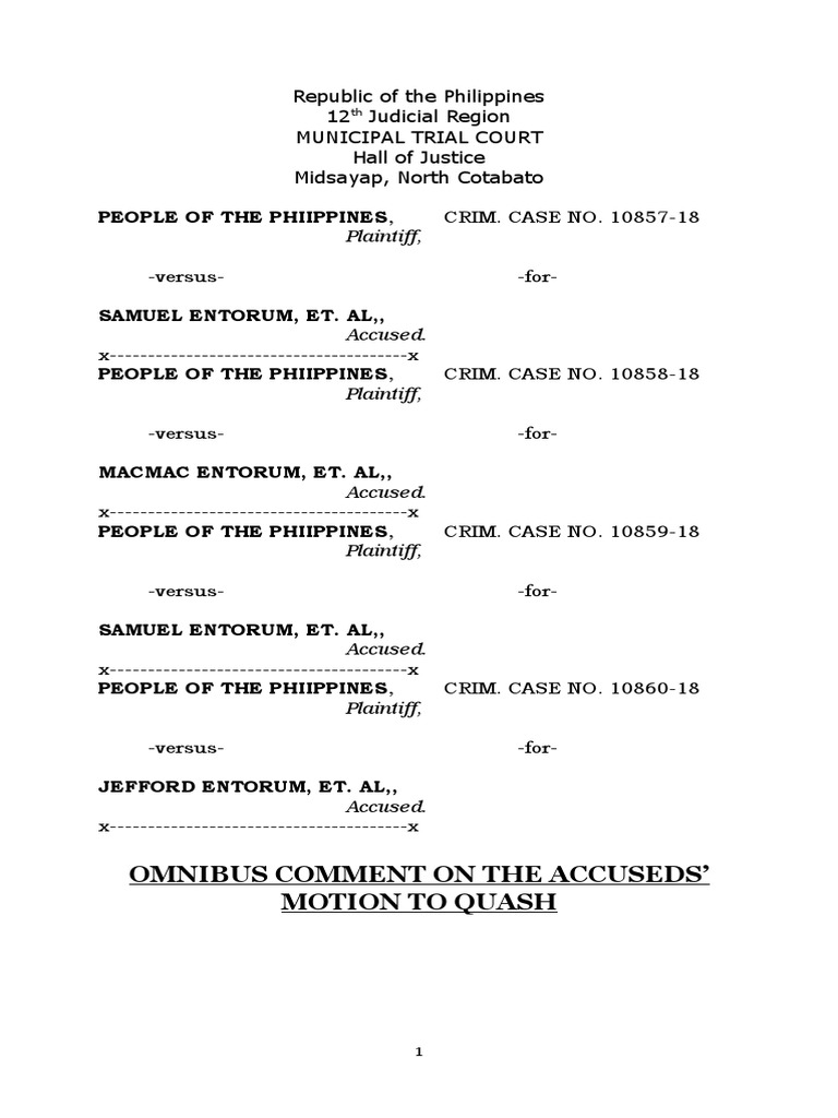 SAMPLE OMNIBUS COMMENT On MOTION TO QUASH | PDF | Prosecutor | Statute ...