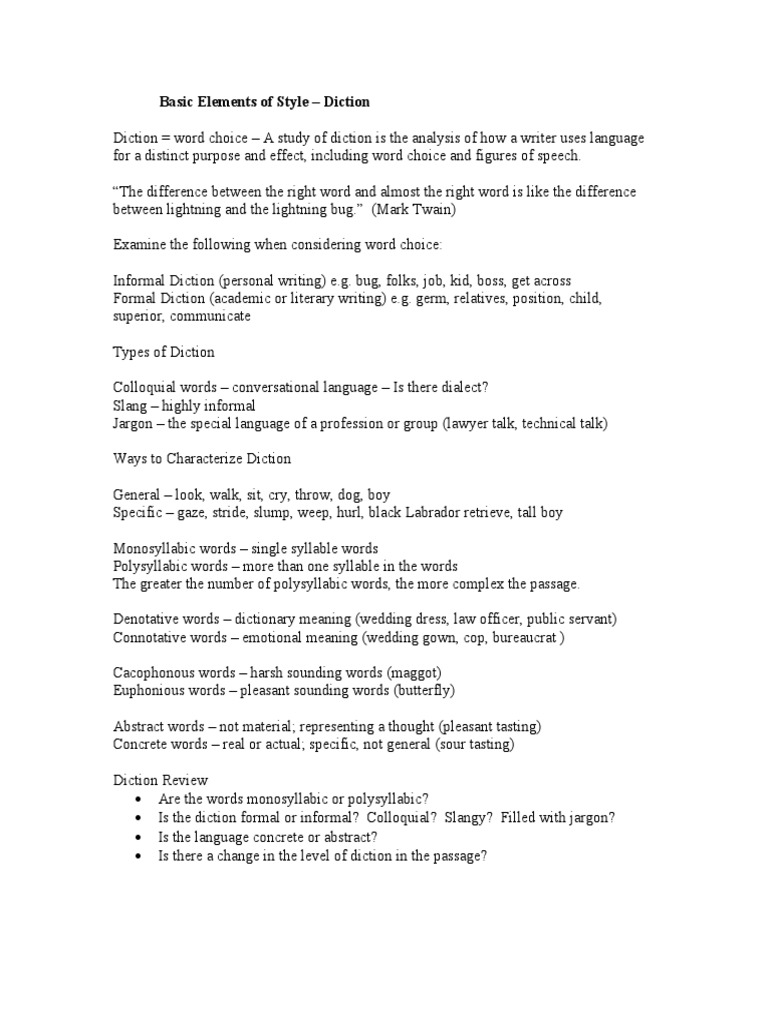 Basic Elements of Style - Diction, Syntax, Point of View, Tone, Theme | PDF