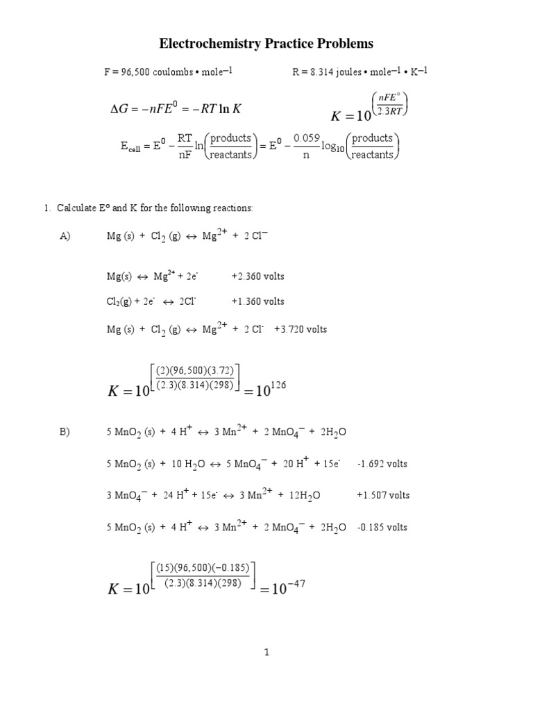 Electrochemistry Practice Problems Guide | PDF | Potassium Chloride | Ph